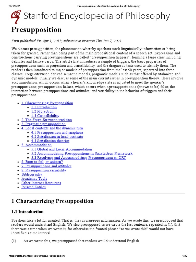Presupposition (Stanford Encyclopedia of Philosophy) | PDF ...