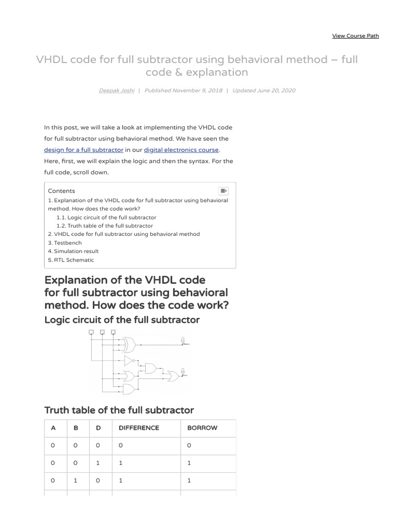 VHDL code for full subtractor using behavioral method - full code & explanation | PDF