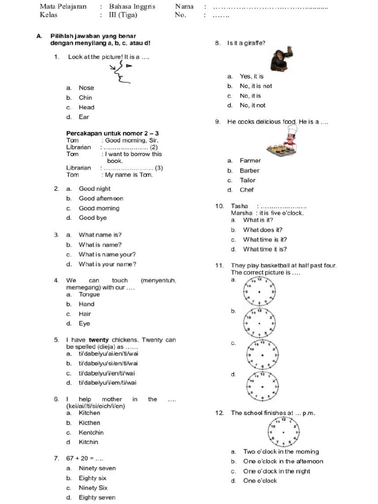 Soal PAT BHS INGGRIS Kelas 3 SD | PDF