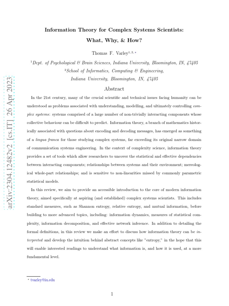 Information Theory For Complex Systems Scientists: What, Why, & How? | PDF