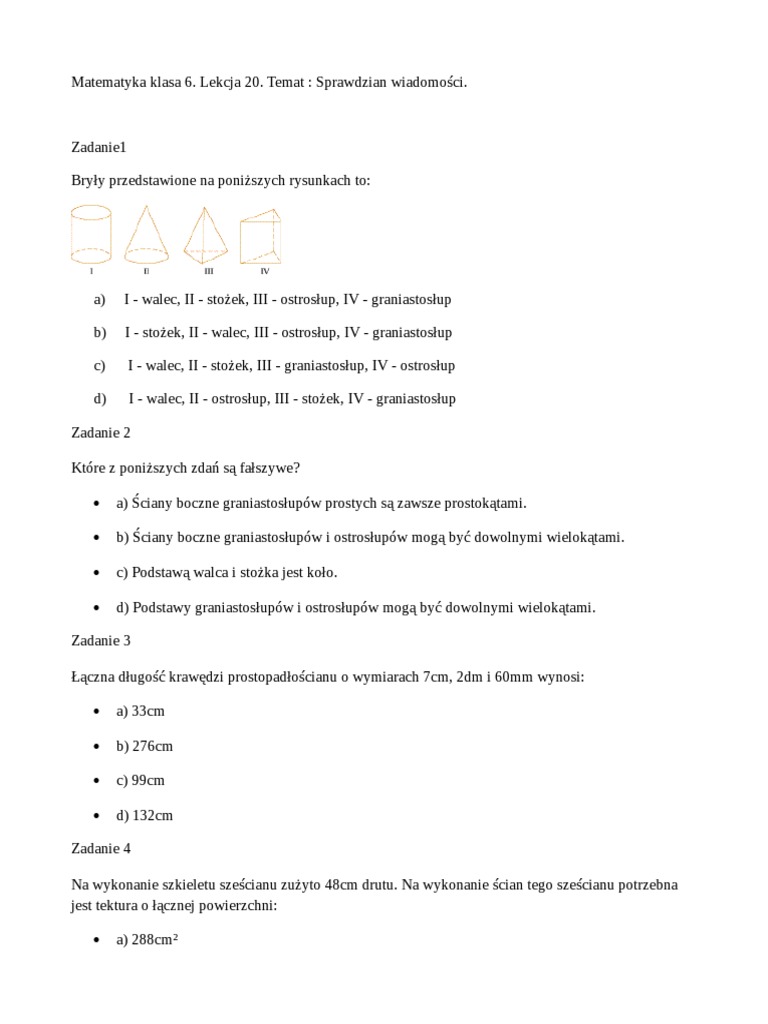 Matematyka Klasa 6 Lekcja 20 | PDF