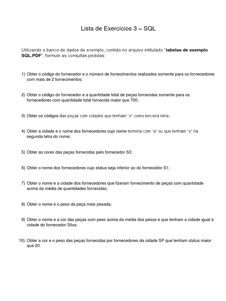 Lista de Exercícios 3 - SQL | PDF