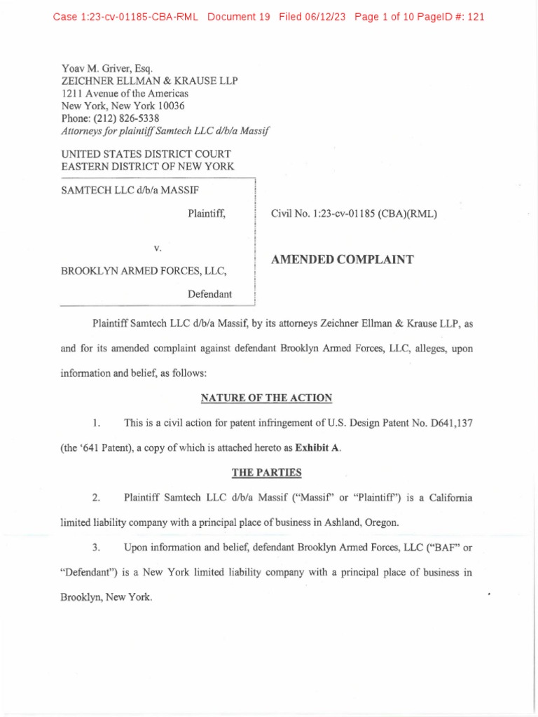 Samtech v. Brooklyn Armed Forces - Amended Complaint | PDF | Law