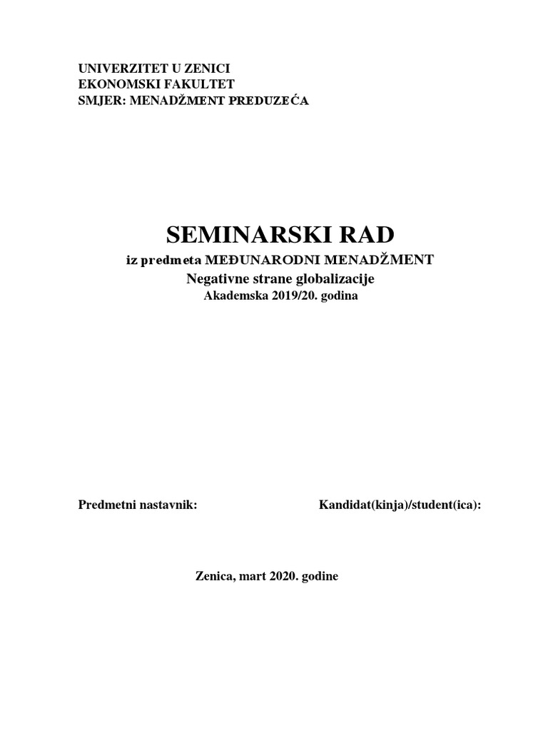 Globalizacija Seminarski Rad | PDF
