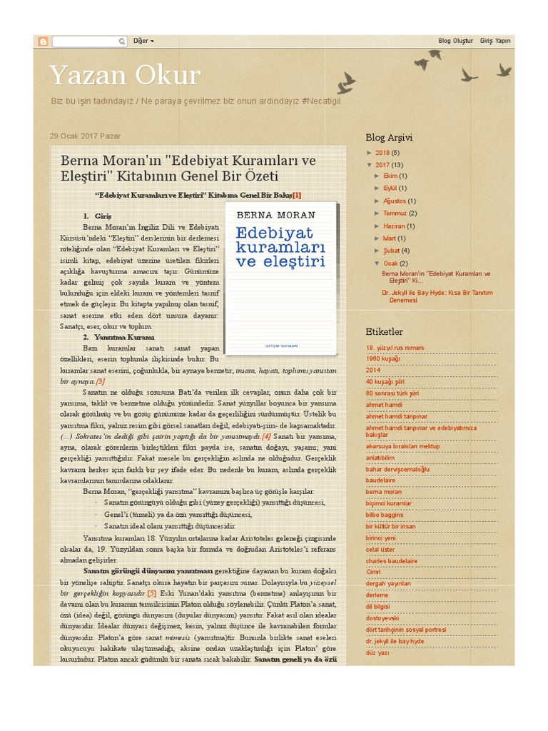 Yazan Okur- Berna Moran'in "Edebiyat Kuramları Ve Eleştiri" Kitabının Genel Bir Özeti | PDF