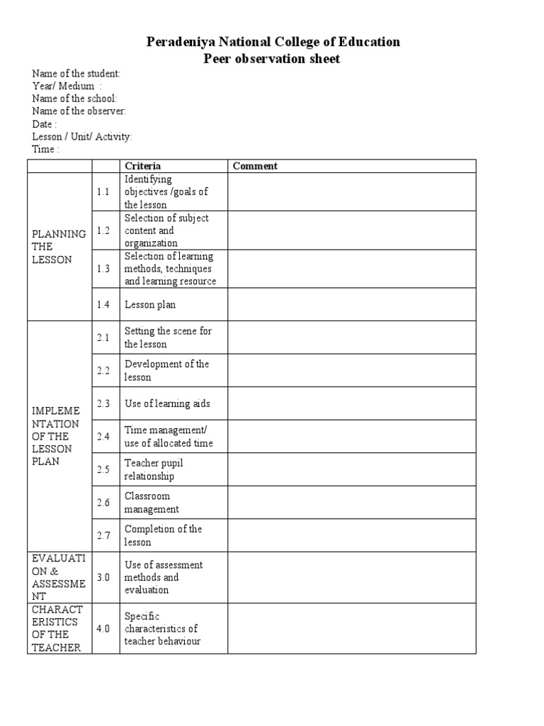 Peer Observation Feedback Form | PDF