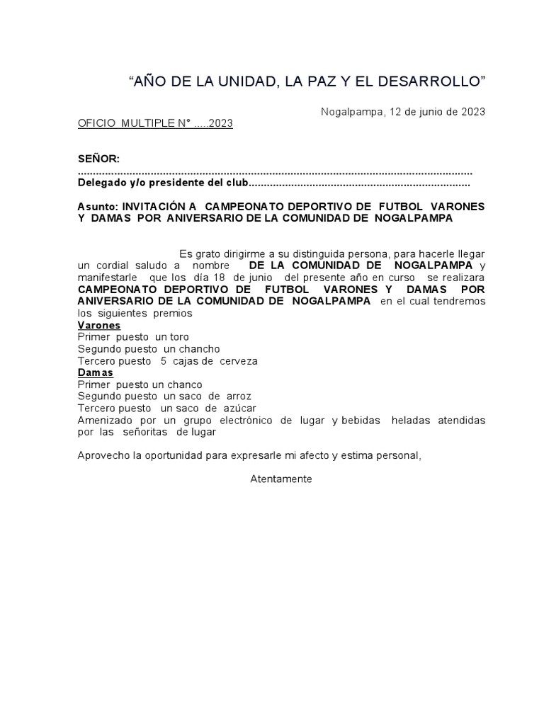 Oficio de Invitacion Campeonato Deportivo | PDF