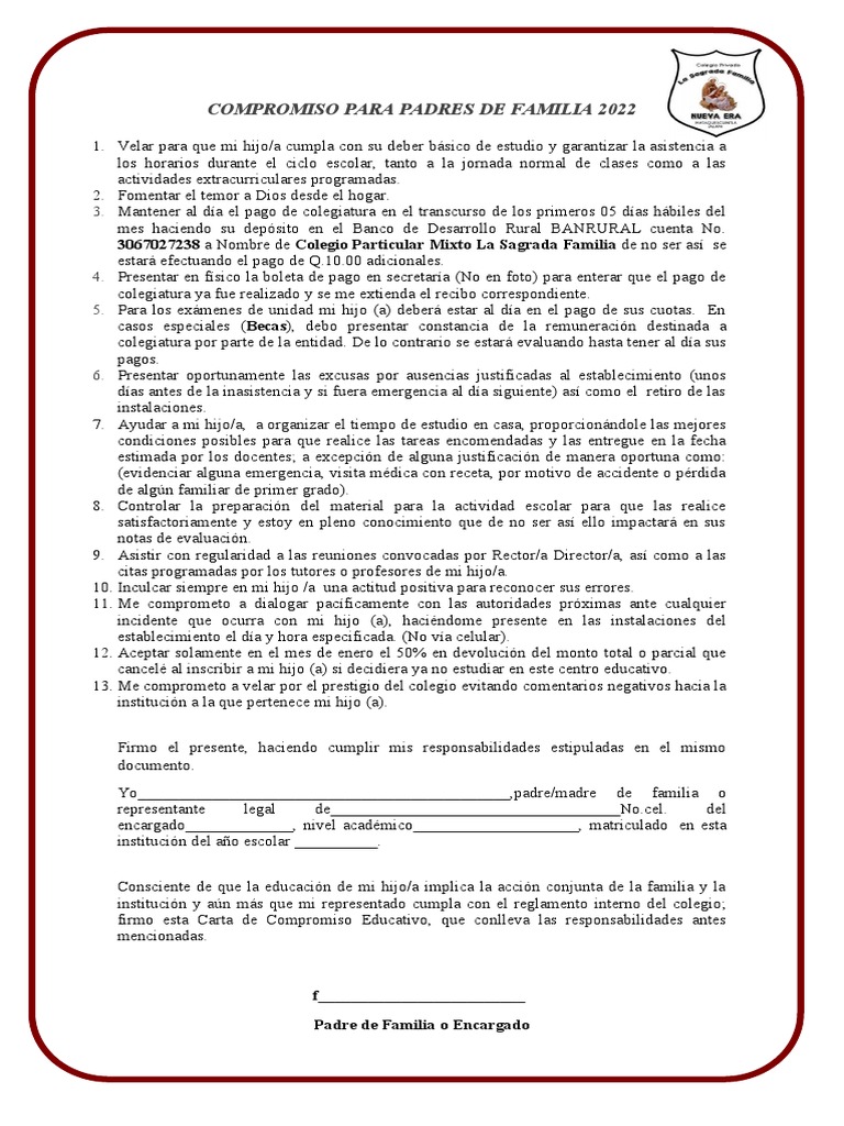 Compromiso para Padres de Familia 2022 | PDF