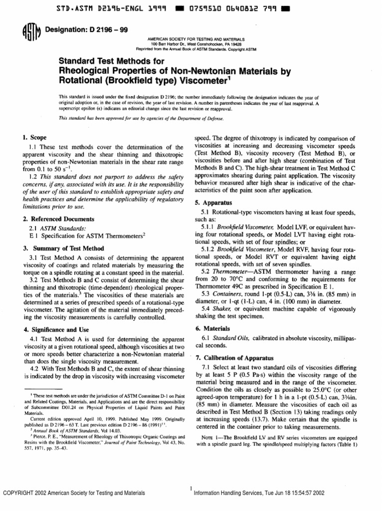 ASTM D 2196 1999-04-10 Standard Test Methods For Rheologica | PDF