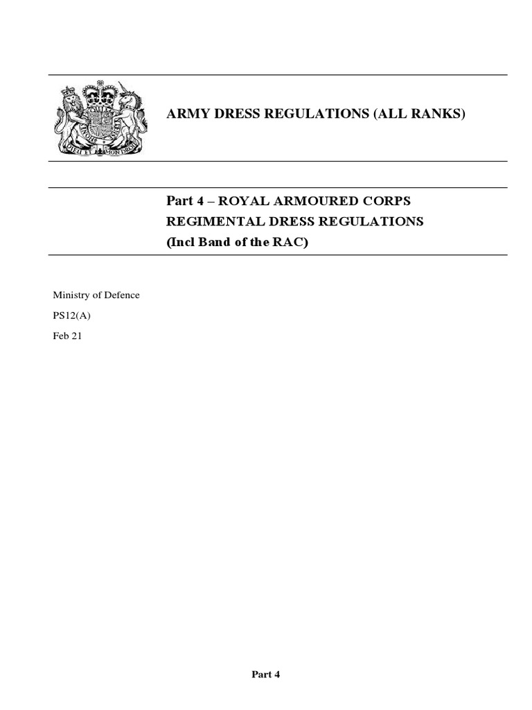 Army Dress Regulations Part 4 Royal Armoured Corps Regimental Dress ...