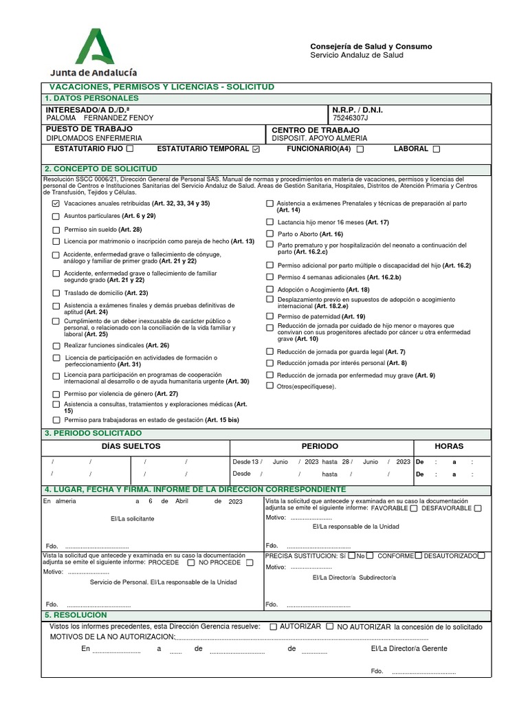 Modelo Solicitud de Licencias Permisos y Vacaciones | PDF | Hospital