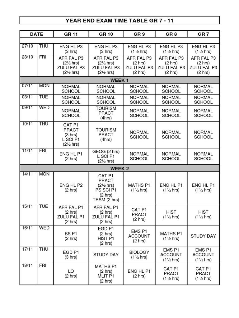 Grade 11 Year-End Exam Timetable 2025 | PDF