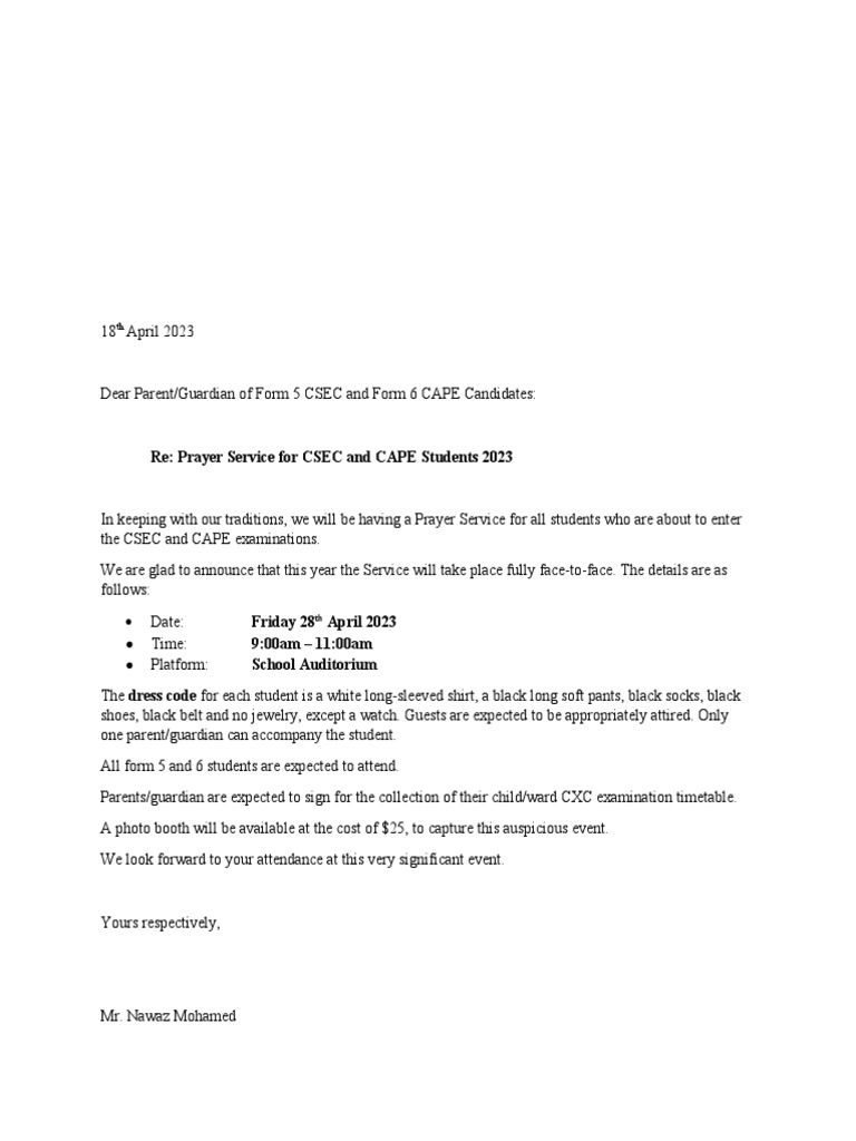 Prayer Service Invitation Letter 2023 | PDF