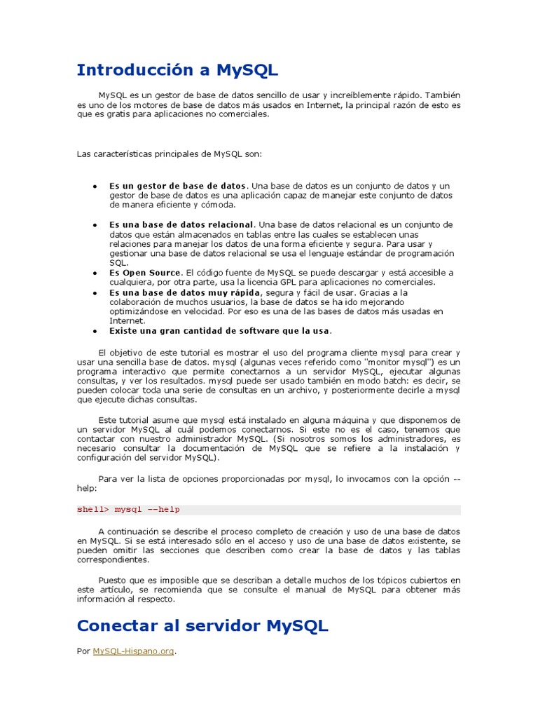 Introducción A MySQL | PDF | Mi sql | Bases de datos Introducción A MySQL | PDF | Mi sql | Bases de datos