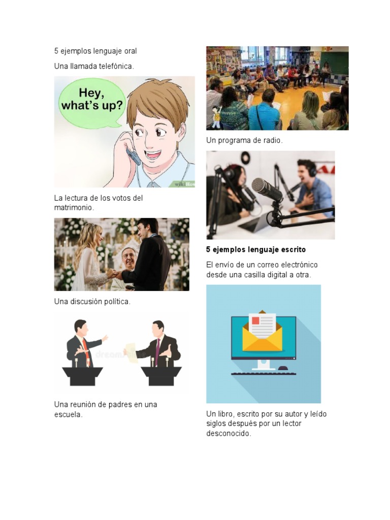 5 Ejemplos Lenguaje Oral, Escrito, Mimico | PDF