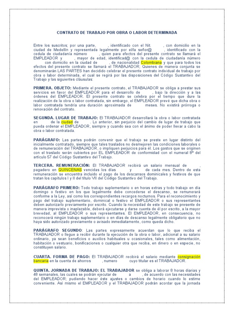 Minuta Contrato de Trabajo Por Obra o Labor Determinada | PDF | Tiempo de trabajo | Salario