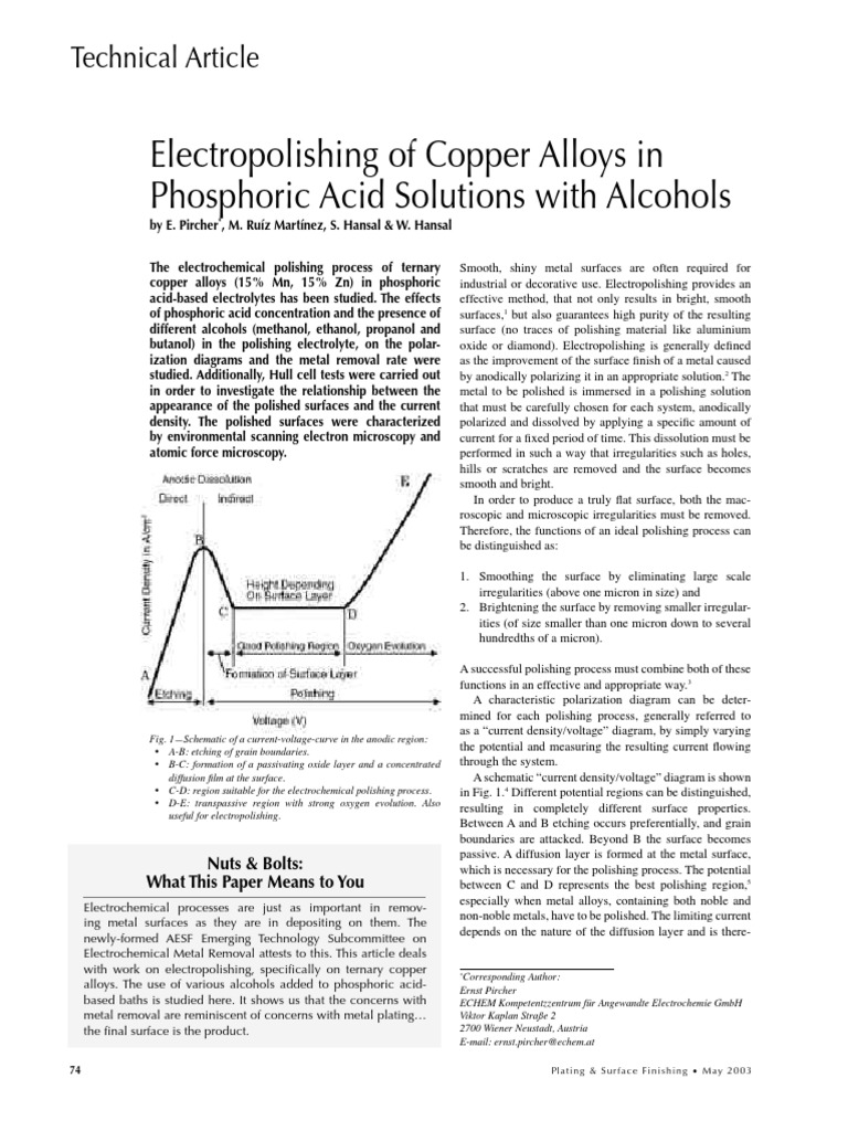 Electropolishing Copper Alloys: Alcohols & Phosphoric Acid | PDF ...