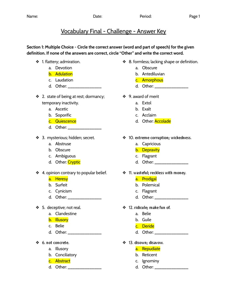Make A Vocab Test Answer Key | PDF