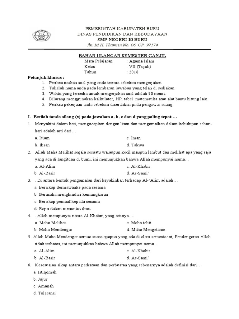 Soal Uas SMSTR 7 Kelas 7 Pai | PDF | Agama & Spiritualitas