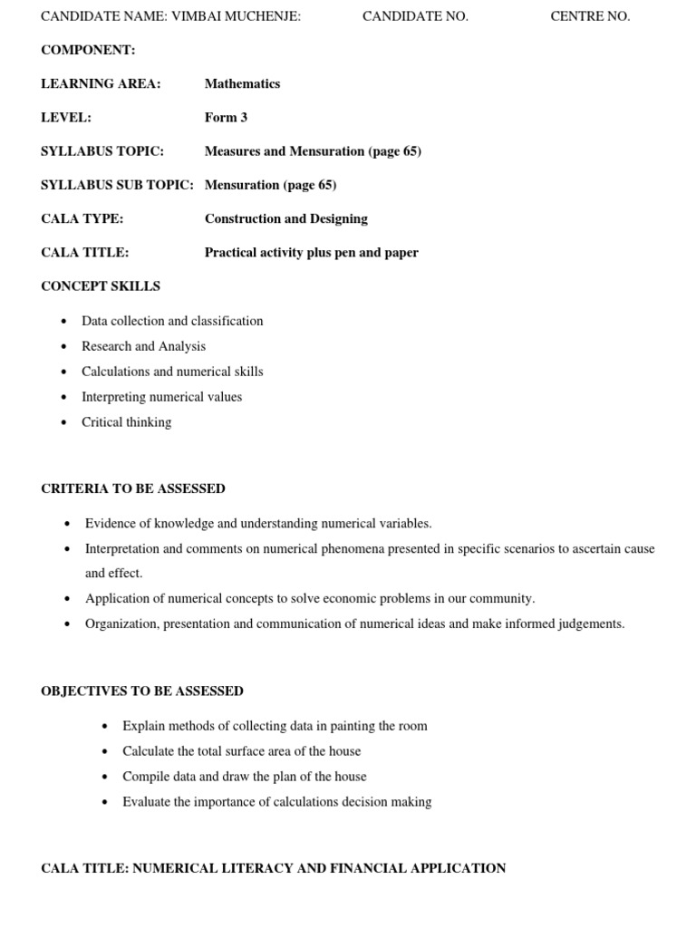 Maths F4 Cala Componenet B - Mensuration (Vimbai Muchenje) | PDF | Area | Length