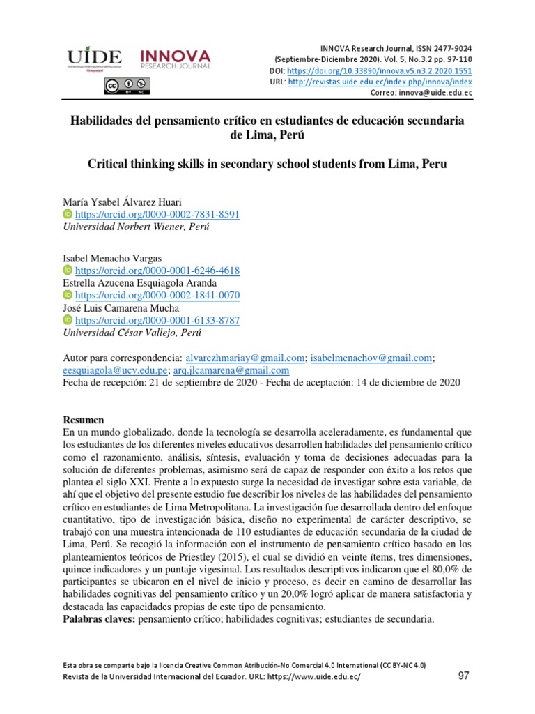 Habilidades Del Pensamiento Crítico en Estudiantes de Educación ...