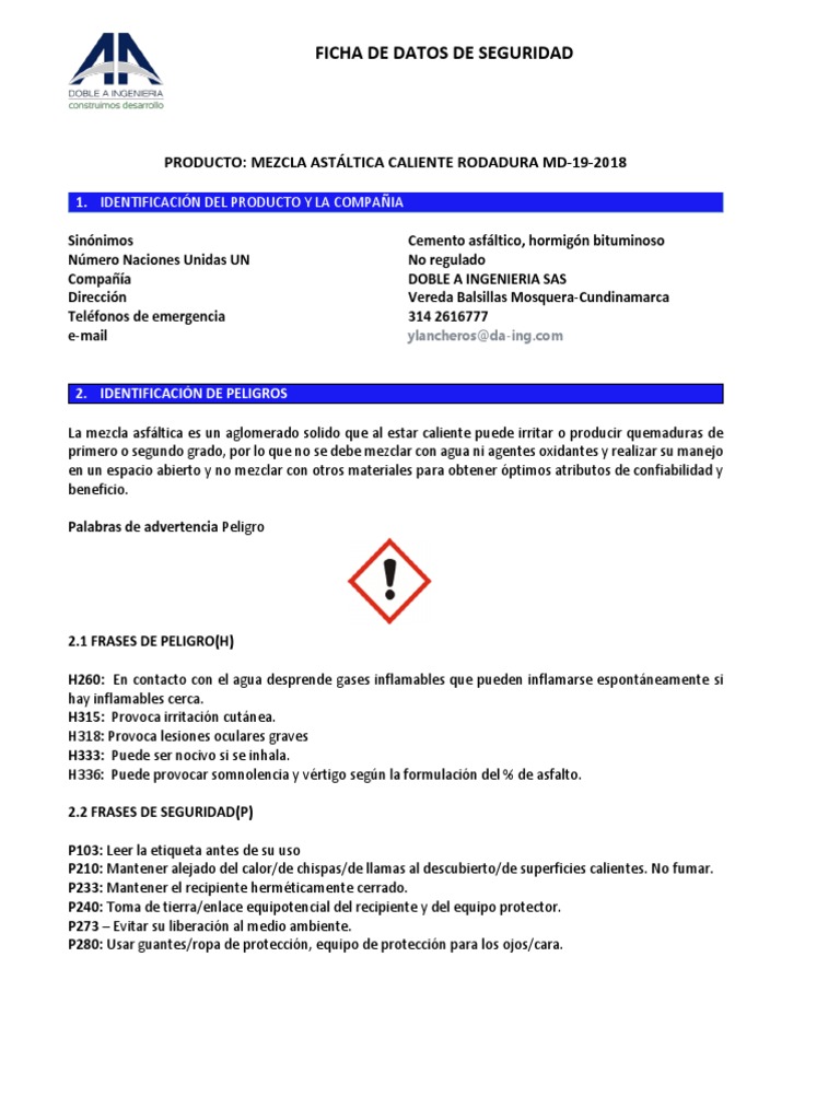 Hoja de Seguridad Mezcla Asfaltica | PDF | Agua | Solubilidad