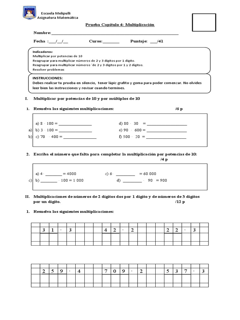 Prueba 4º Básico CAP 4 Multiplicación. | PDF