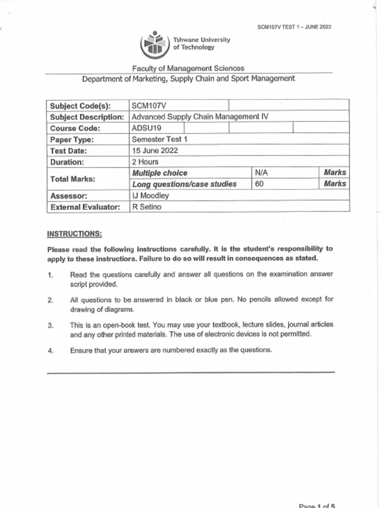 Advanced Supply Chain Management IV Test 1 | PDF