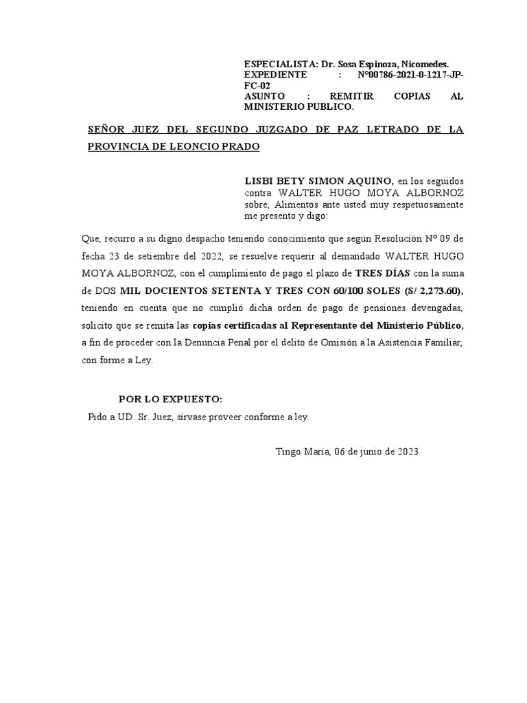 ESCRITO REMITIR COPIAS AL MINISTERIO PUBLICO | PDF