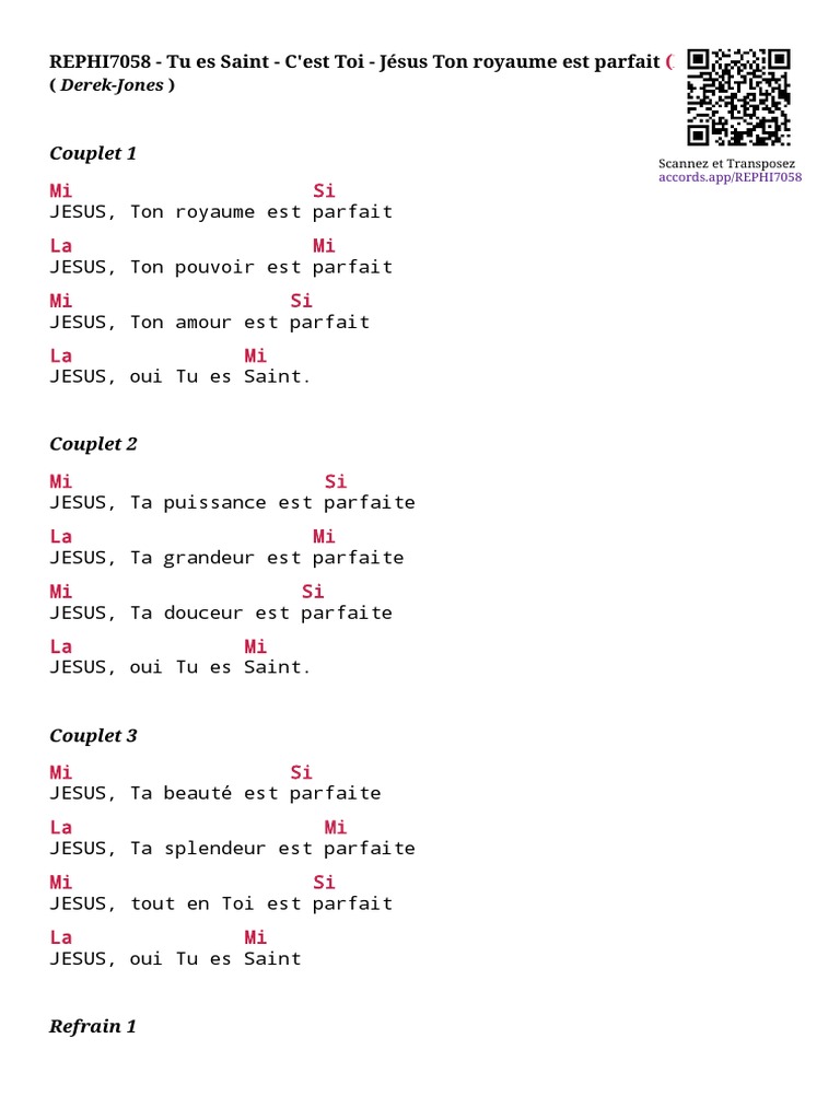 Tu Es Saint - C'est Toi - Jesus Ton Royaume Est Parfait Paroles Accords ...