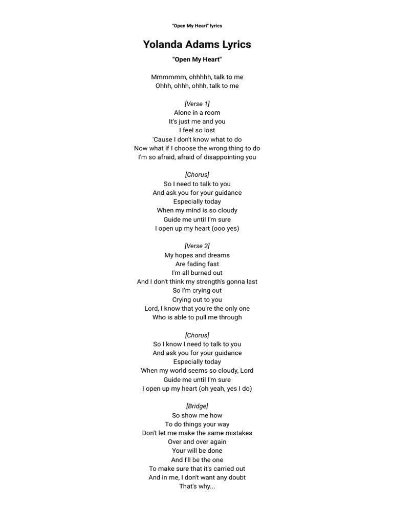 Yolanda Adams - Open My Heart Lyrics | PDF
