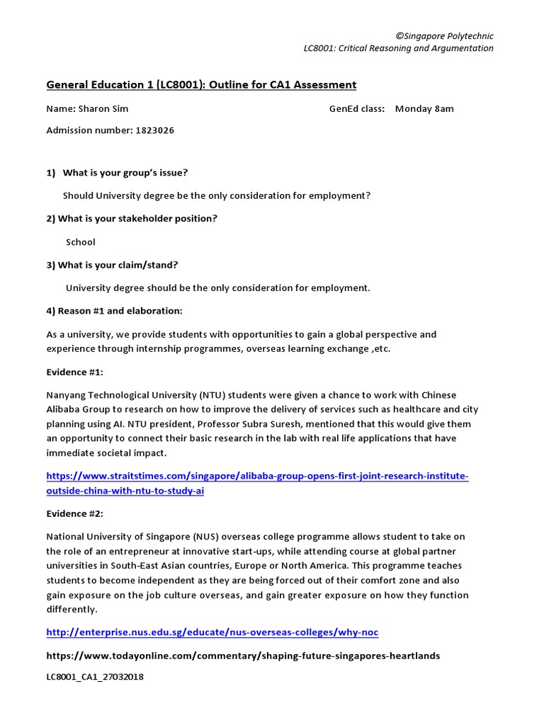General Education 1 (LC8001) : Outline For CA1 Assessment: 1) What Is Your Group's Issue? | PDF ...