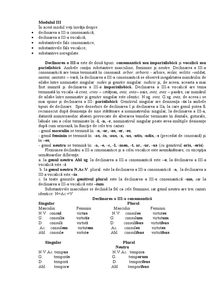 Modulul III. Declinarea A III-a | PDF