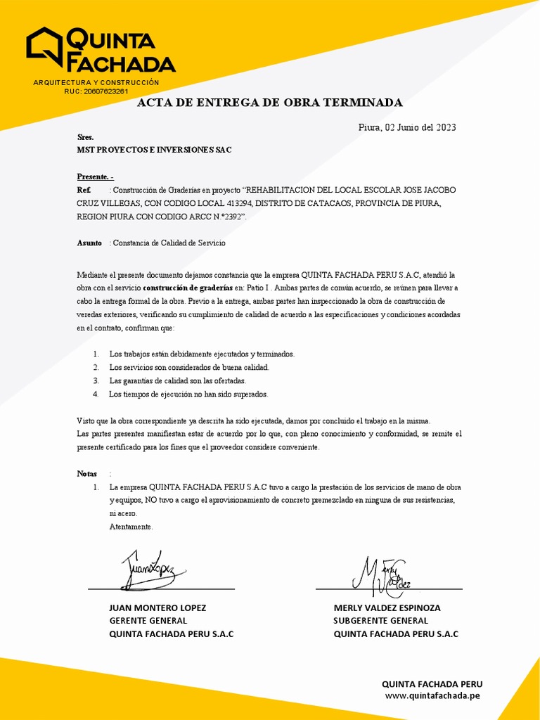 Acta de Entrega de Obra Terminada (Graderias1) | PDF