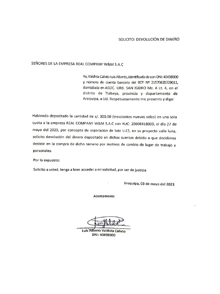 Solicitud Devolucion De Dinero L 22 Pdf