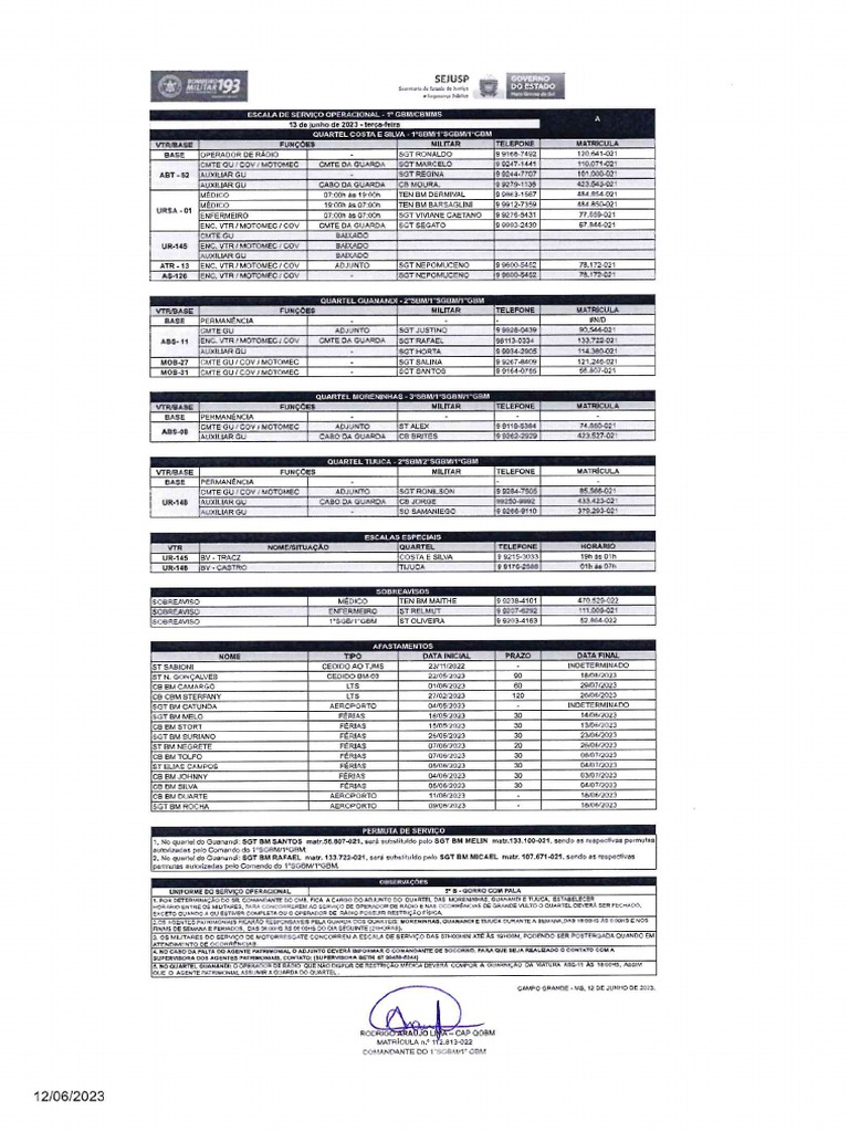 ESCALA DE SERVIÇO CMB_1ºGBM - 13.06.2023 a 14.06.2023 | PDF