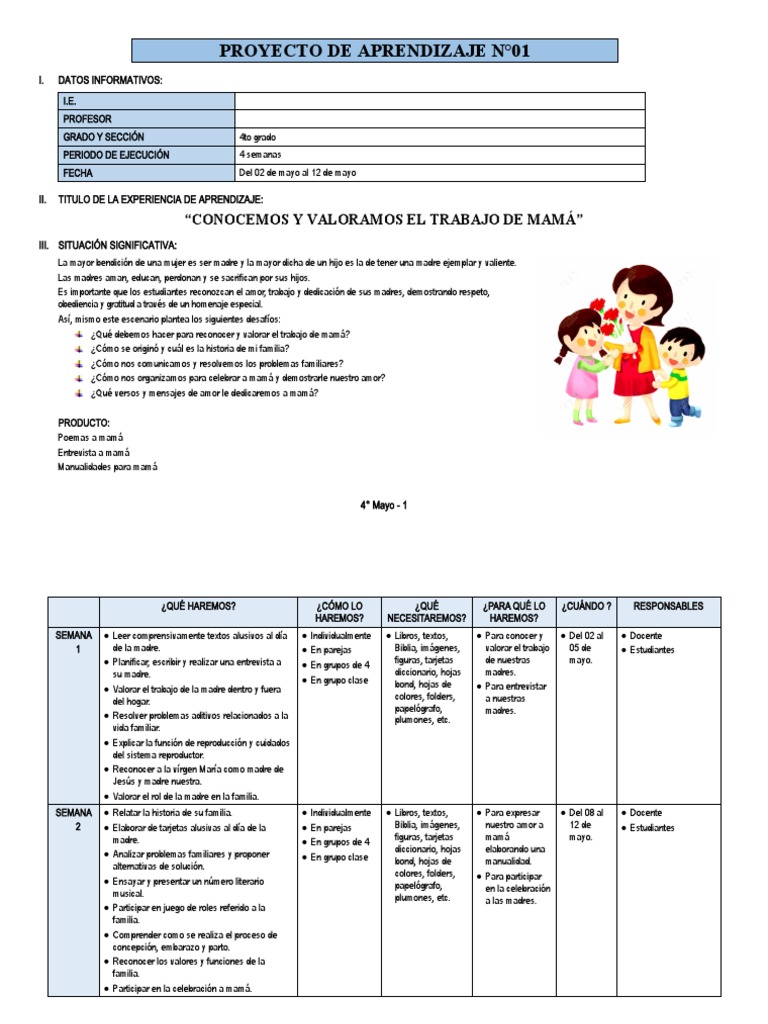 4° Grado - Proyecto de Aprendizaje N°01 | PDF