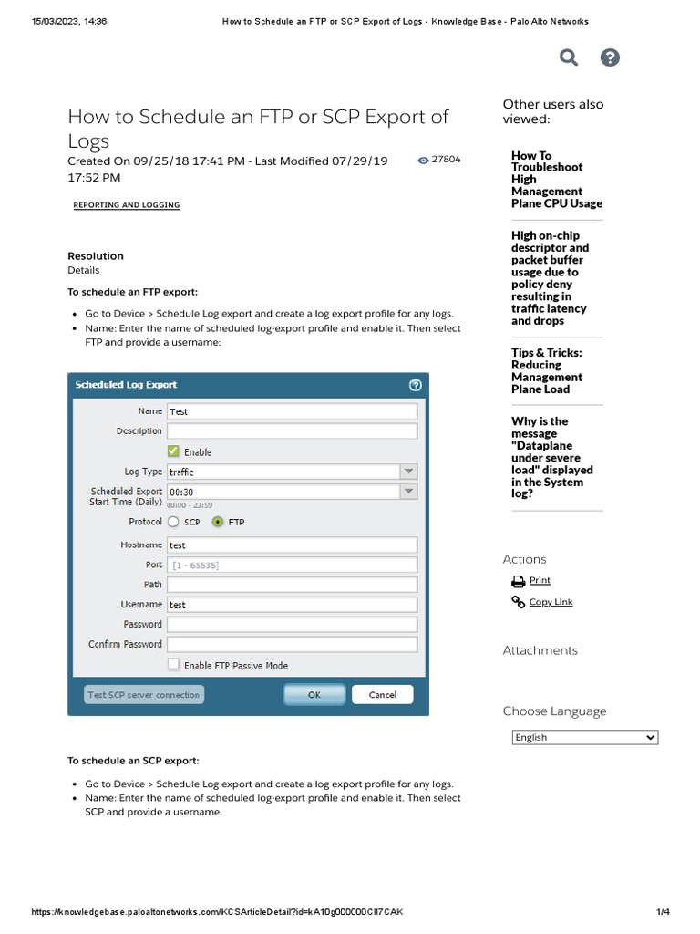 How To Schedule An FTP or SCP Export of Logs - Knowledge Base - Palo Alto Networks | PDF