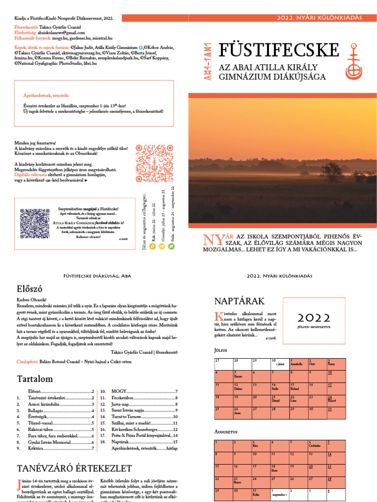 Füstifecske Diákújság 2022 Nyári Különkiadás | PDF