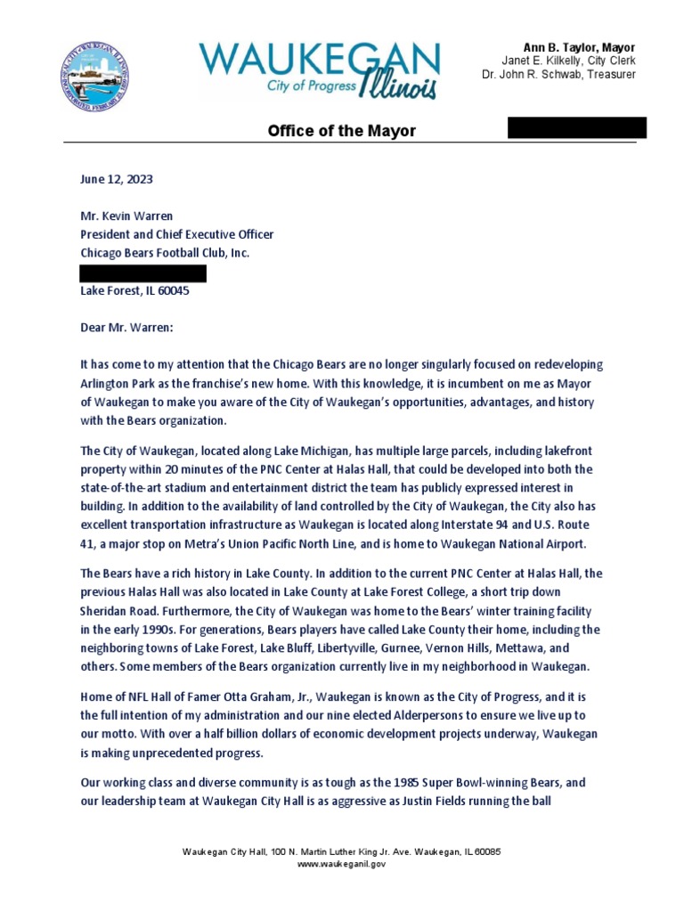 City of Waukegan Letter To The Chicago Bears | PDF | Chicago Bears ...