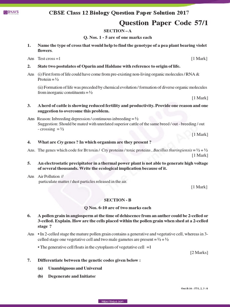 CBSE Class 12 Biology 2017 Question Paper Solution Set 1 | PDF ...