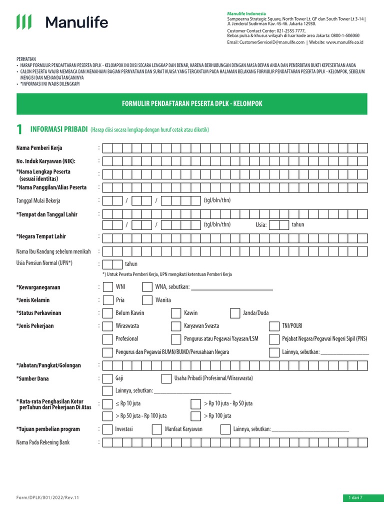 Formulir Pendaftaran Peserta DPLK - Kelompok | PDF