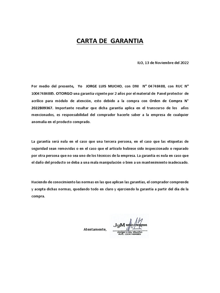 CARTA DE GARANTIA SUNAT ACRILICO | PDF