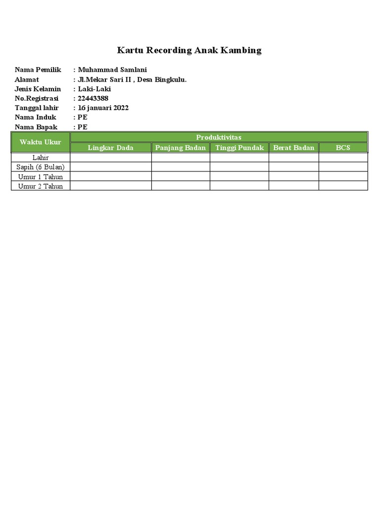 Kartu Recording Anak Kambing | PDF