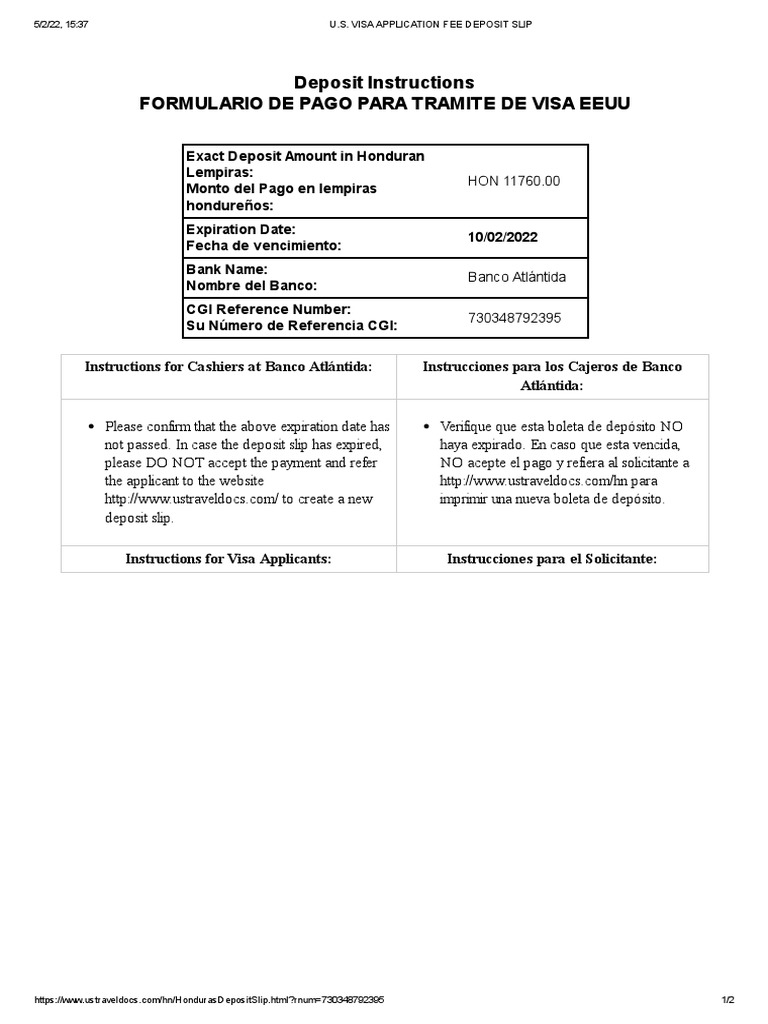 U.S. Visa Application Fee Deposit Slip | PDF
