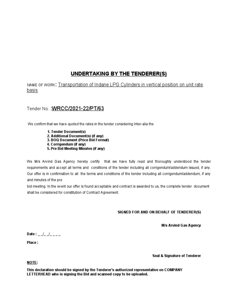 Tender Acceptance Format | PDF