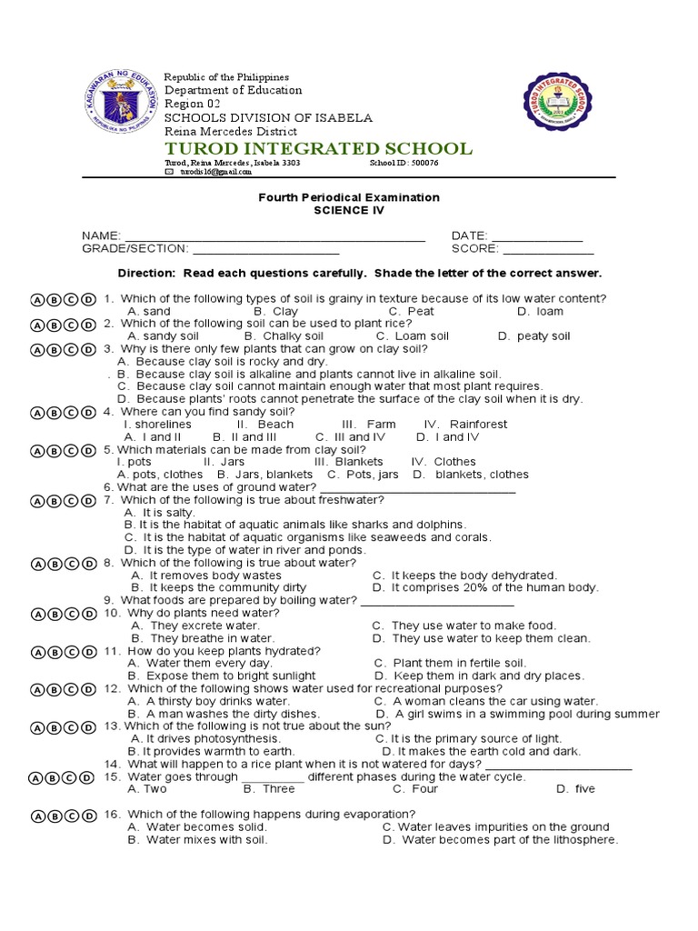 RUTH-4th-quarter-TOS-TQS-GRADE-4-FINAL-EXAM-2018-2019 | PDF | Water | Area