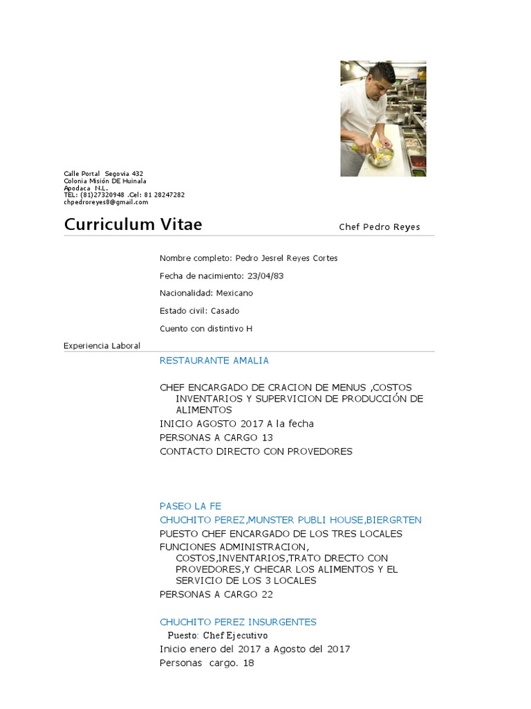 Curriculum Chef Reyes | PDF | Cocinando | Comida y bebida