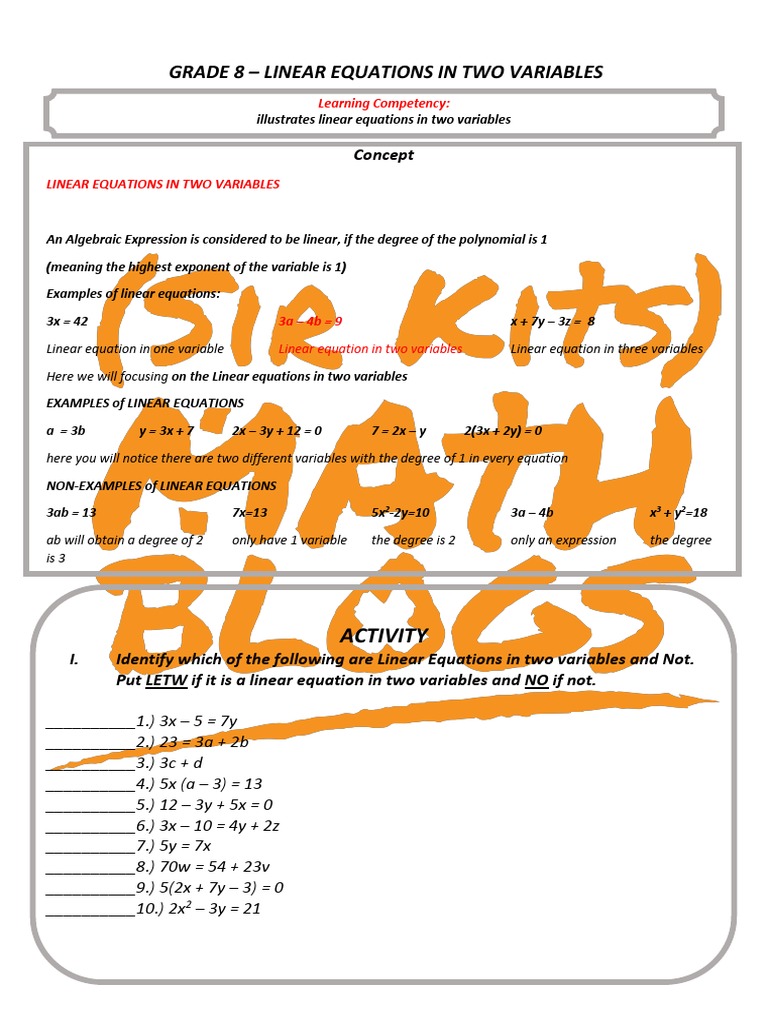 G8 Q1 Linear Equations in Two Variables 2.1 | PDF | Teaching Methods ...