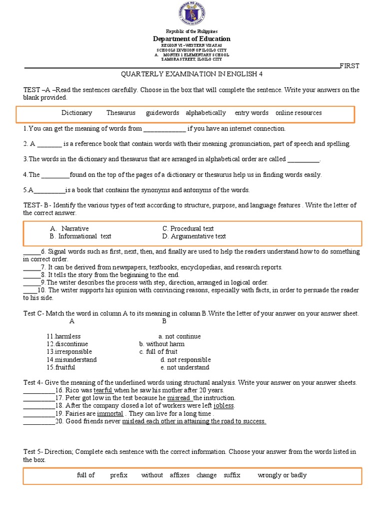 First Quarterly Examination in English 4 | PDF